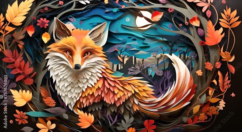 Paper cut fox in a vibrant forest, bright colors, detailed textures ...