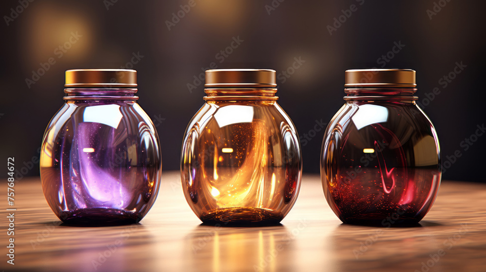 Clear liquid containers show light, their decadent beauty ...