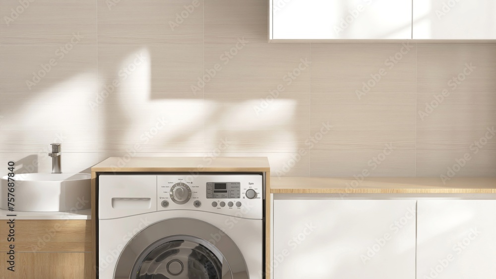 Plakát Blank space on brown wooden countertop counter in laundry room ...