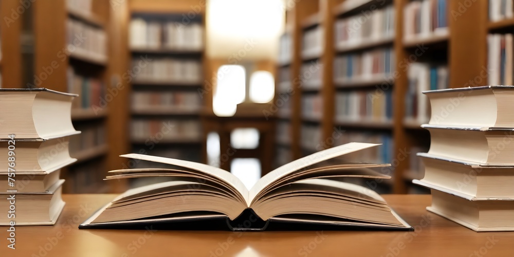 Book in library with old open textbook, stack piles of literature text ...