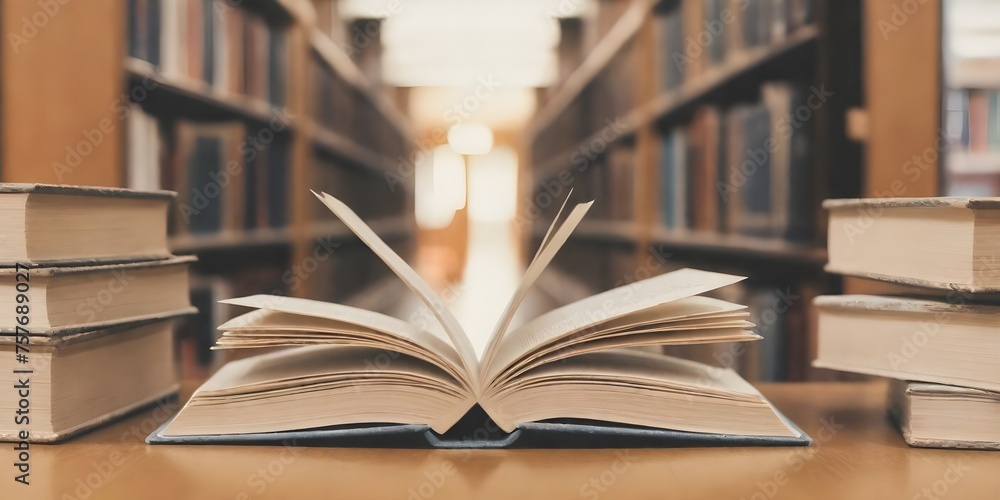 Book in library with old open textbook, stack piles of literature text ...