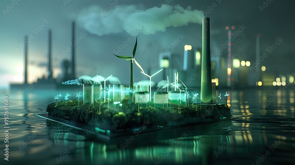 new energy, wind power, wind power plant diorama, green, floating ...