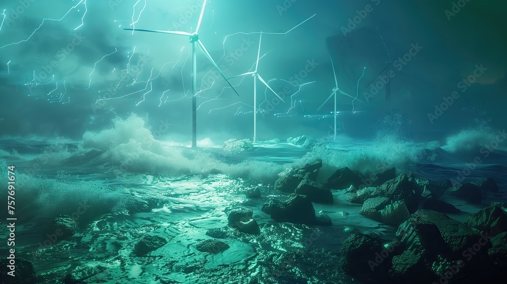 new energy, wind power, wind power plant diorama, green, floating ...