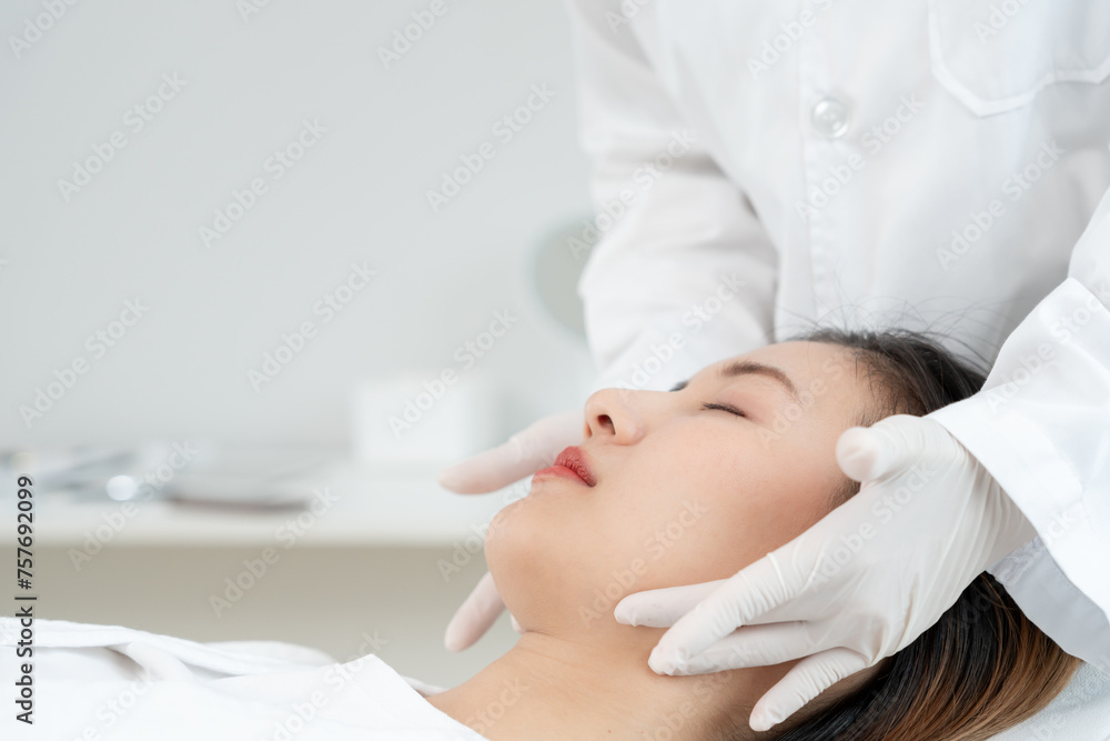 plastic surgery, beauty, Surgeon or beautician touching woman face ...