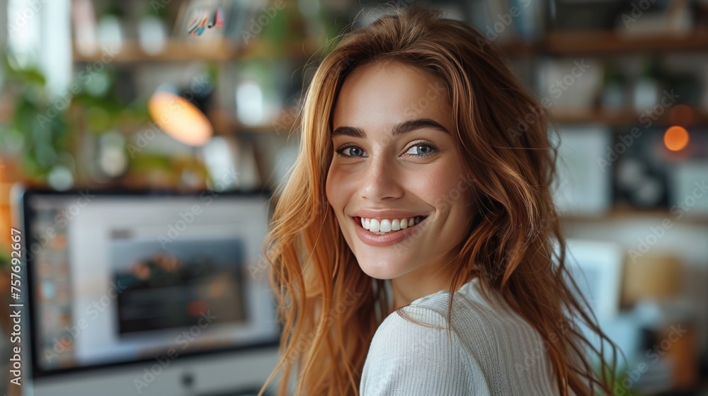 Businesswoman radiating confidence Beaming with happiness as she stood ...