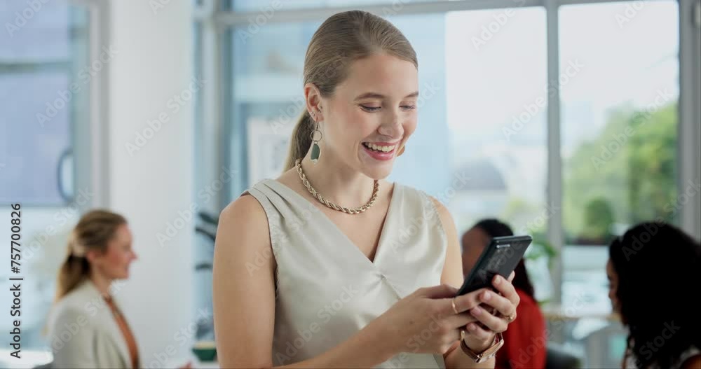 Smile, phone and business woman in boardroom for communication, meeting ...