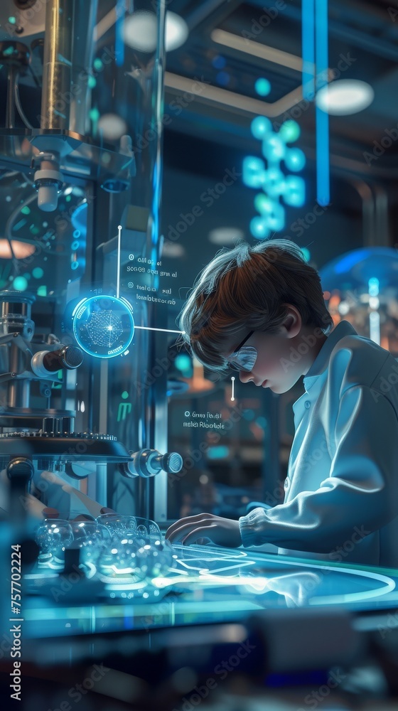 Design a 3D animated scene of a child scientist deeply engaged in ...