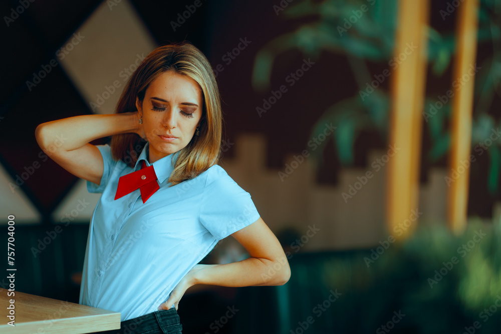 Tired Fast Food Worker Suffering from Back Pain on the Job. Restaurant ...