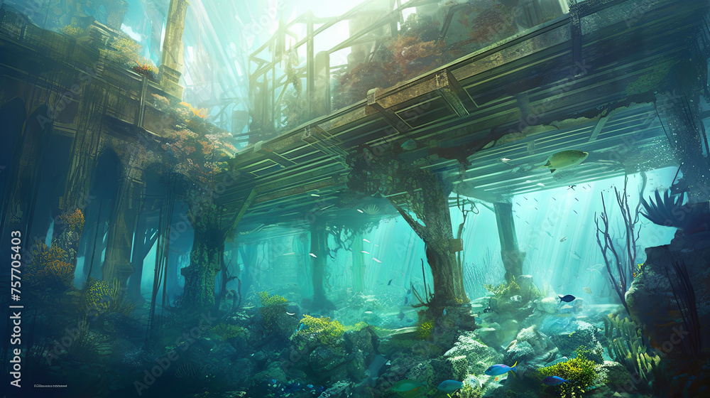 Futuristic cityscape submerged underwater, biodomes and habitats nestled among coral reefs and ...