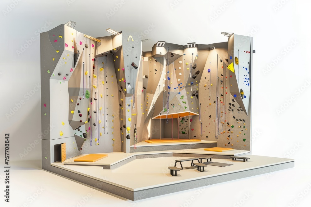3D Render of a climbing gym with walls of varying difficulty levels and ...