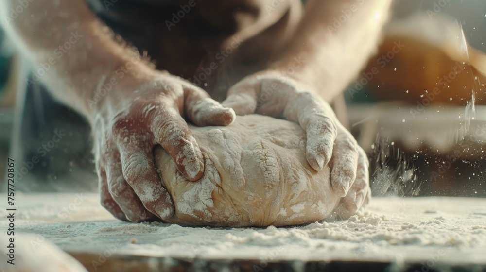 A baker's hands, coated in flour, press into the soft dough, with ...
