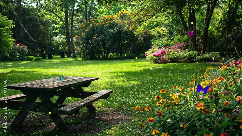 a beautiful picnic spot in a garden. seamless looping overlay 4k ...