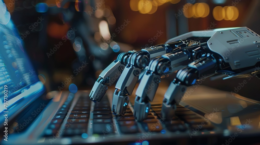 Robot hand typing on laptop keyboard, concept of artificial intelligence and automation ...