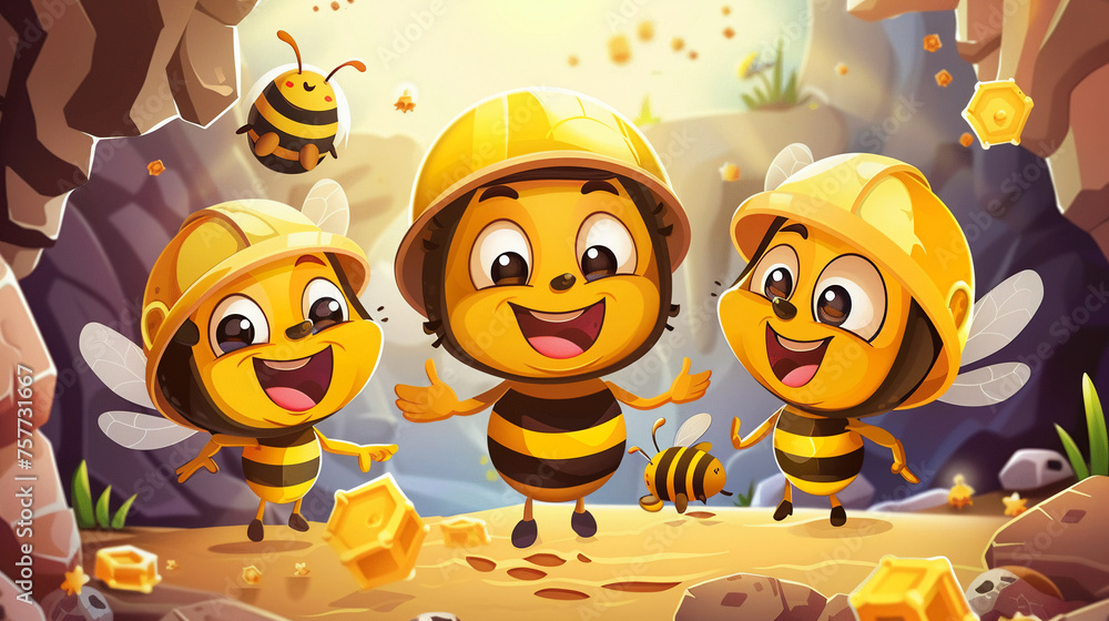 bees big head cartoon waer the safety helmet working in their hive ...