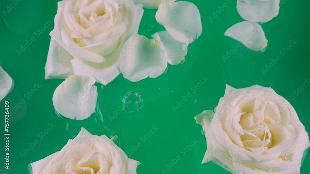 Vidéo Stock Flowers and petals of white roses float in water on a green ...