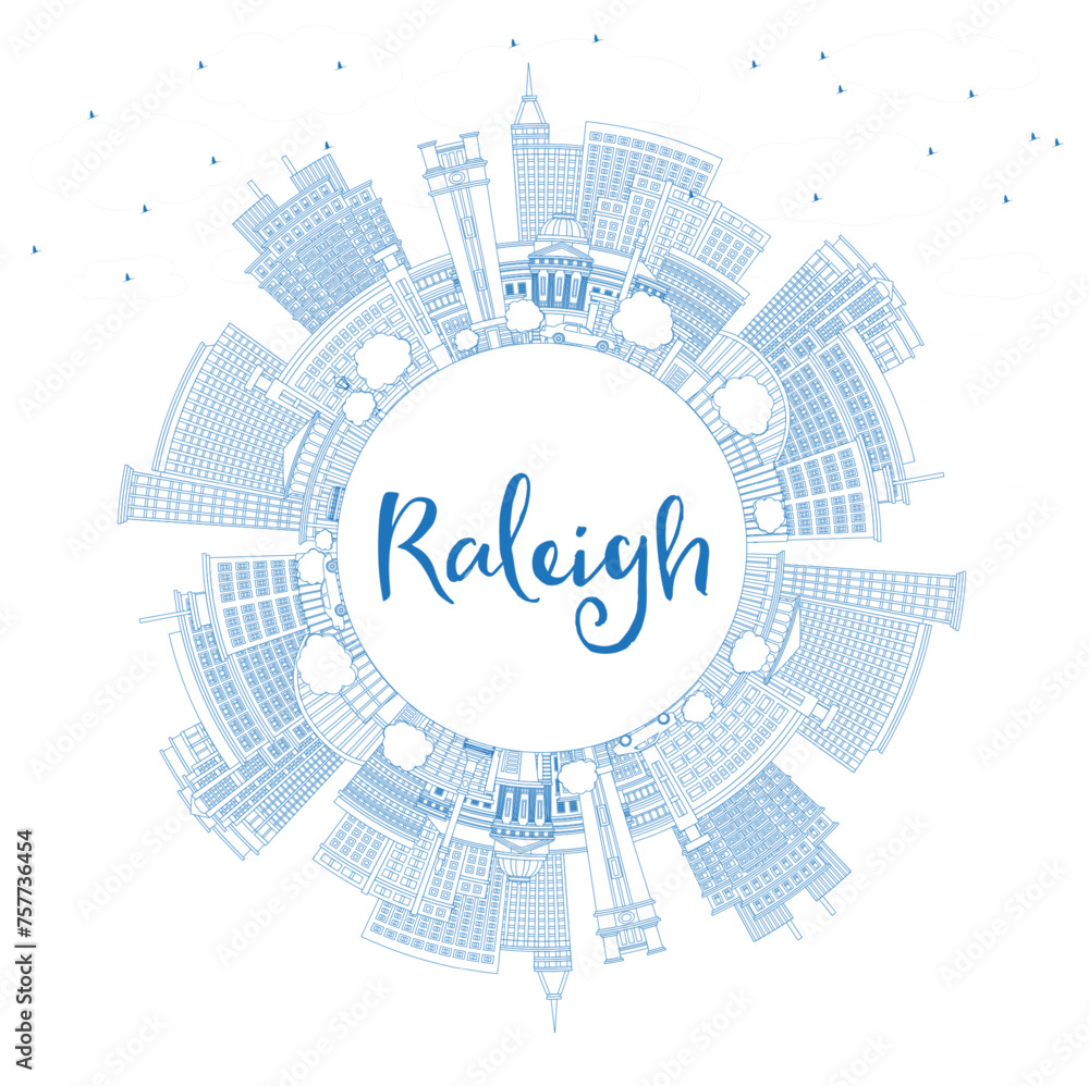 Outline Raleigh North Carolina City Skyline with Blue Buildings and ...