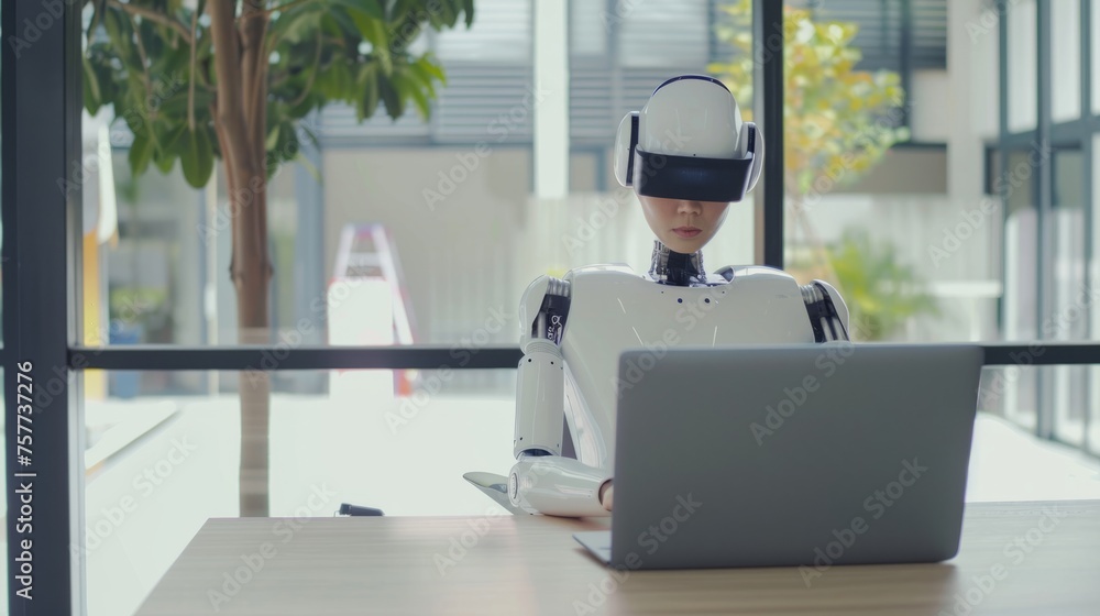The AI robot sits at a desk, typing on a laptop on a white background ...