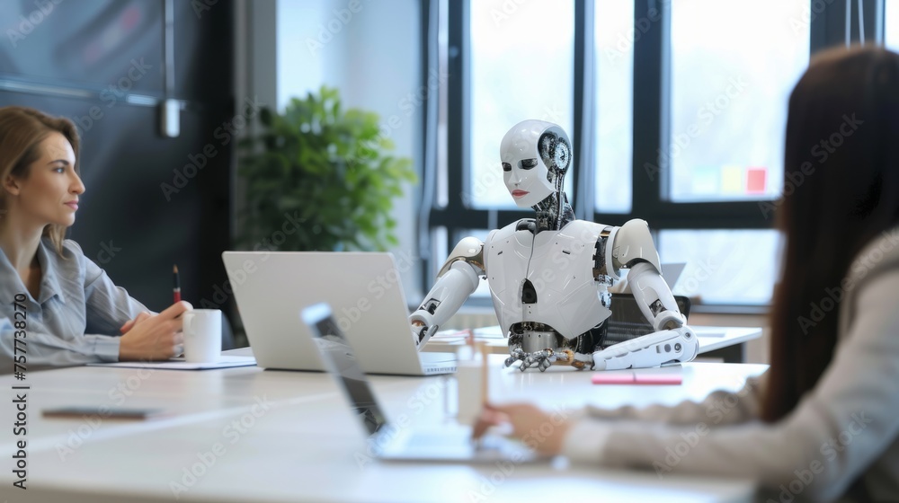 The AI robot sits at a desk, typing on a laptop on a white background ...