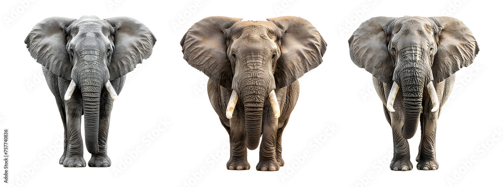 elephant front view isolated on a transparent PNG background, white ...