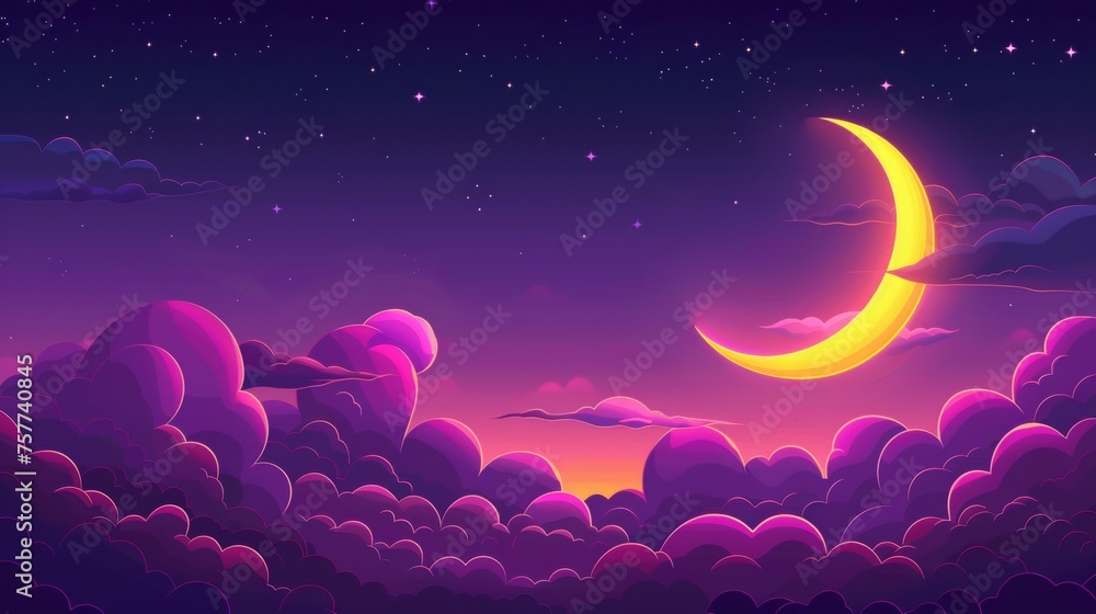 Skyscape of fluffy anime-style clouds, yellow luna, and stars in a ...