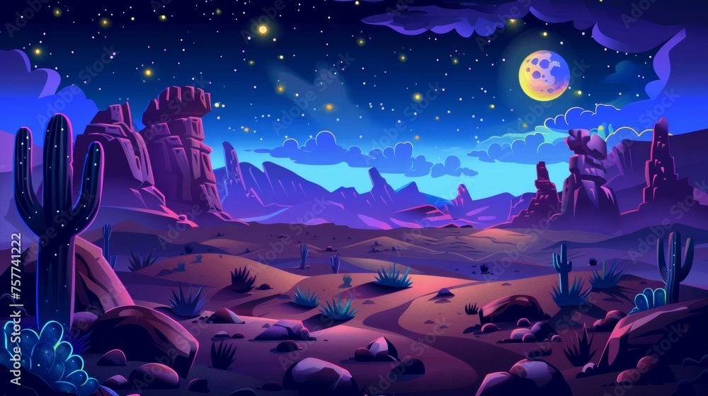 Moonlight in the night sky on a desert landscape, with sand dunes ...