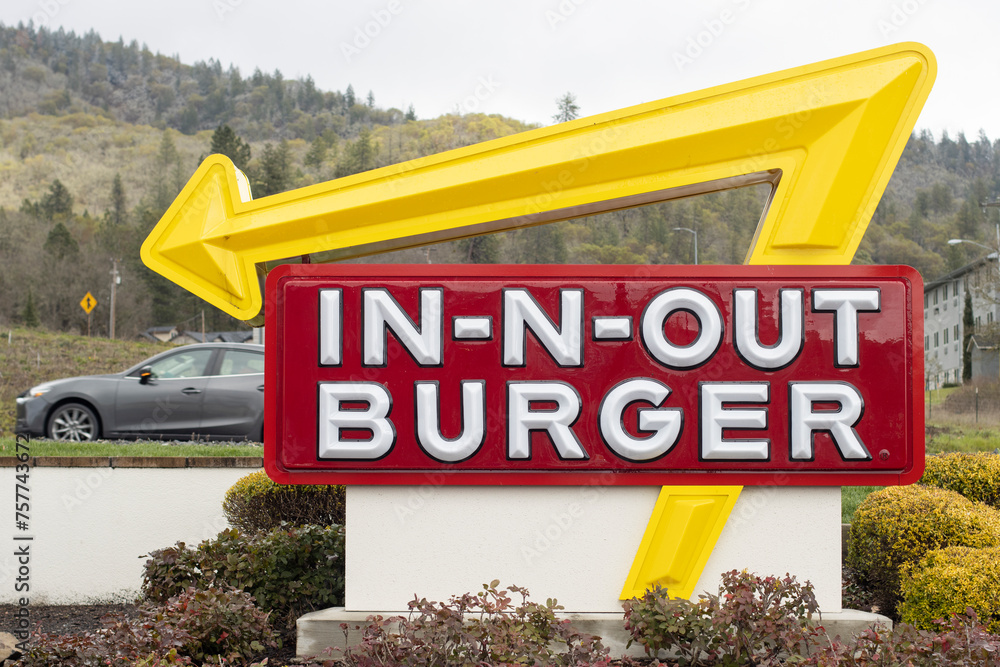 Grants Pass, OR, USA - Apr,3 2023: In-N-Out Burger sign is seen at its ...