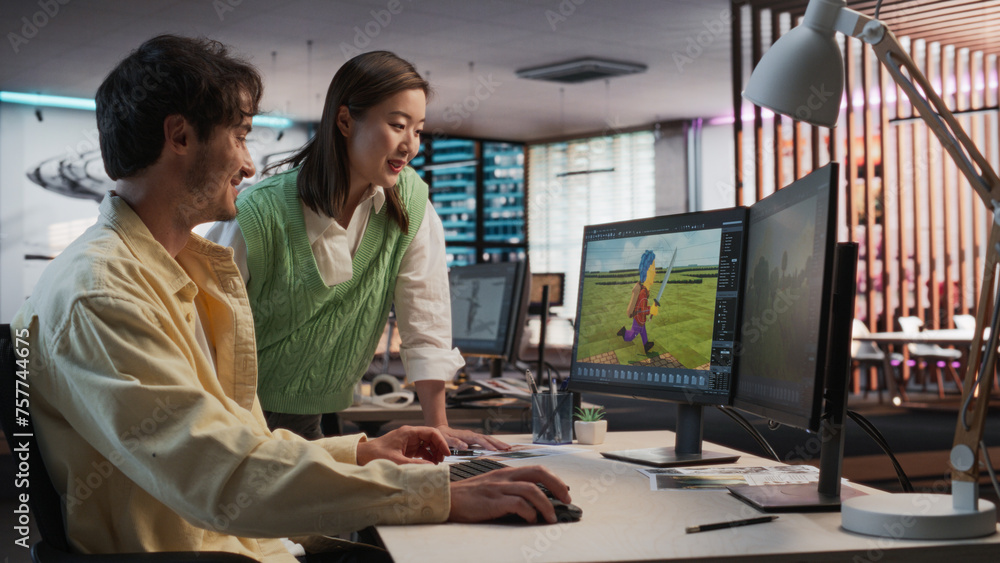 Caucasian Male Game Developer Using Desktop Computer With 3D modelling ...