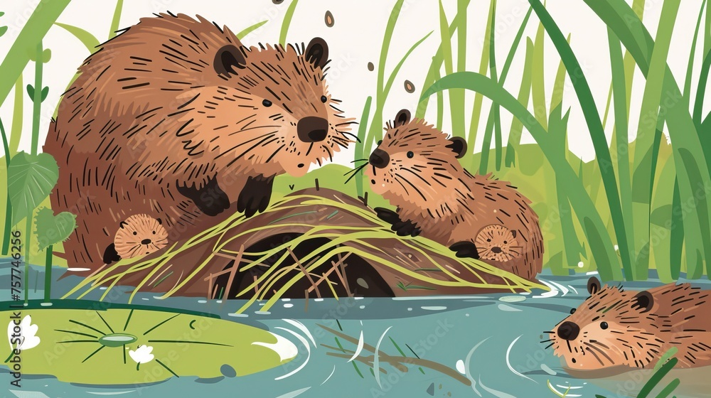 beavers in their natural habitat, with one entering the water by a ...
