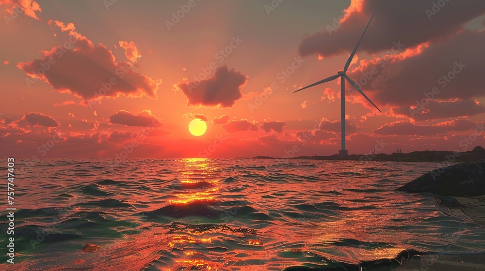Offshore wind turbine plant in the ocean at sunrise or sunset Stock ...