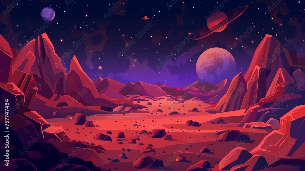 Space game background with ground, mountains, stars, Saturn, and Earth ...