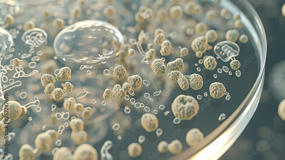 A 3D rendered close-up of E. coli colonies on an agar plate, displaying ...