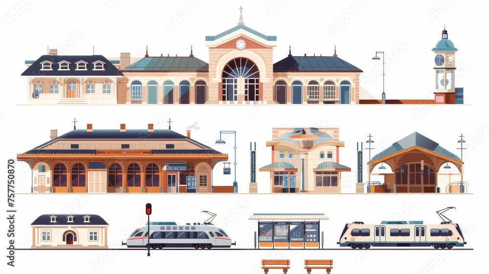 Set of railway stations. Trains, railroad transport, modern and old ...