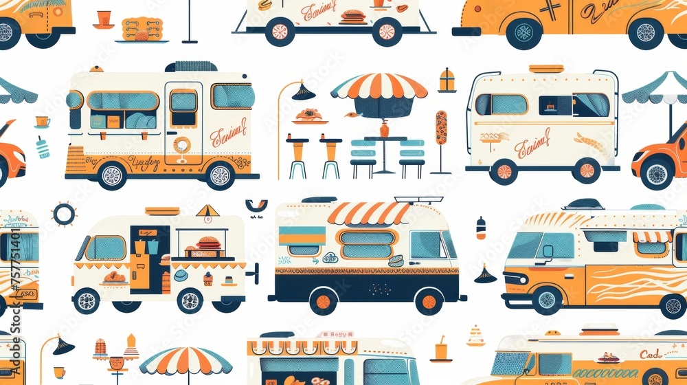 Open-air festival with caravan. Cafe vans, repeating print, texture ...