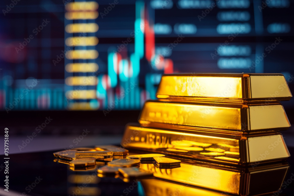 Stacks of gold coins and gold bars on a financial chart with ...