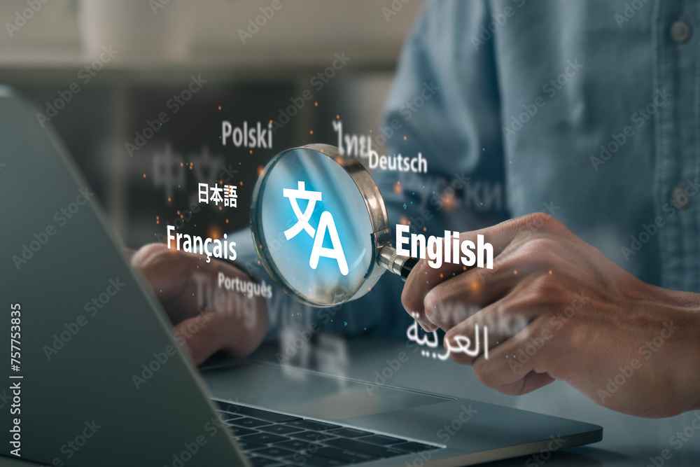 Man hand using magnifying glass to translation of foreign languages on ...