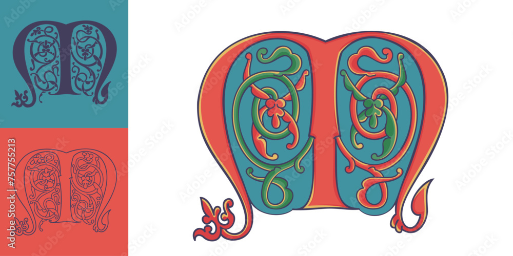 Letter M initial with trailing vines of thistle plant. Medieval ...