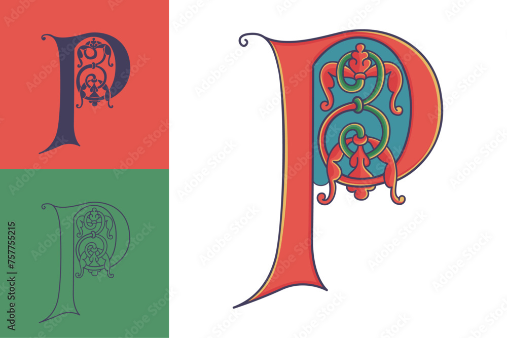 Letter P initial with trailing vines of thistle plant. Medieval ...