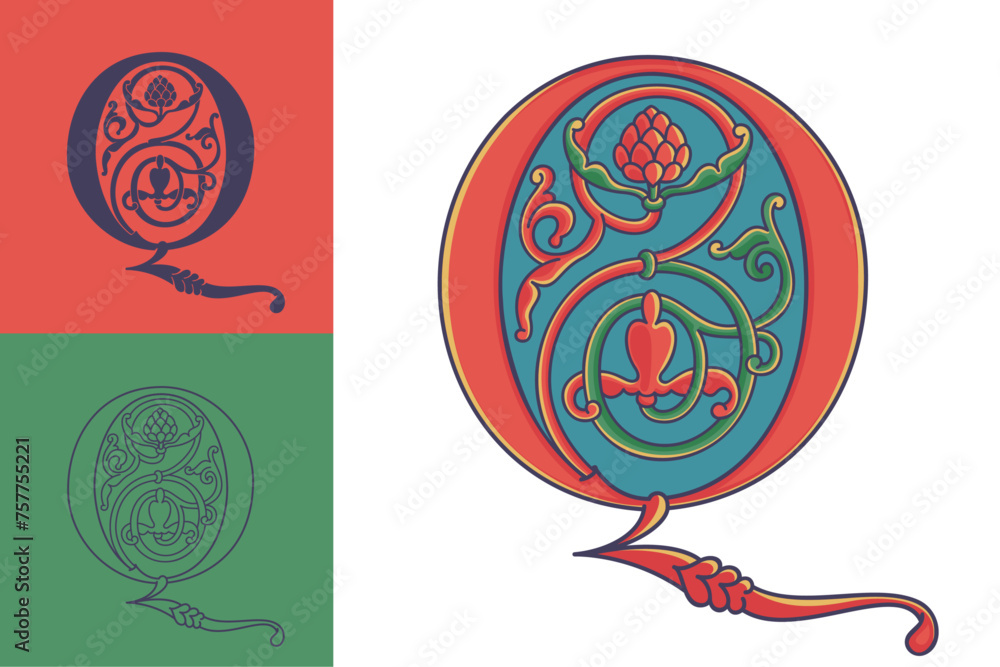 Letter Q initial with trailing vines of thistle plant. Medieval ...