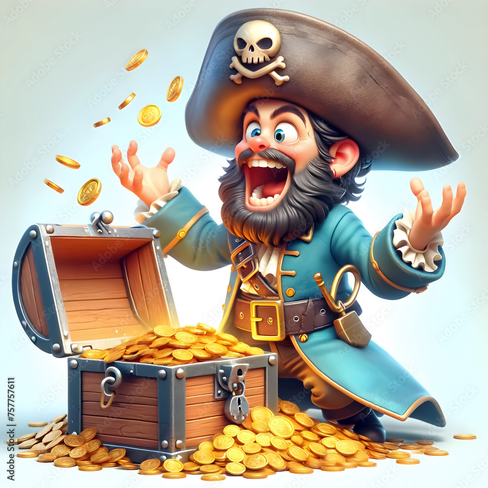 Pirate Captain Bounty: 3D Caricature Illustration of Treasure Discovery ...