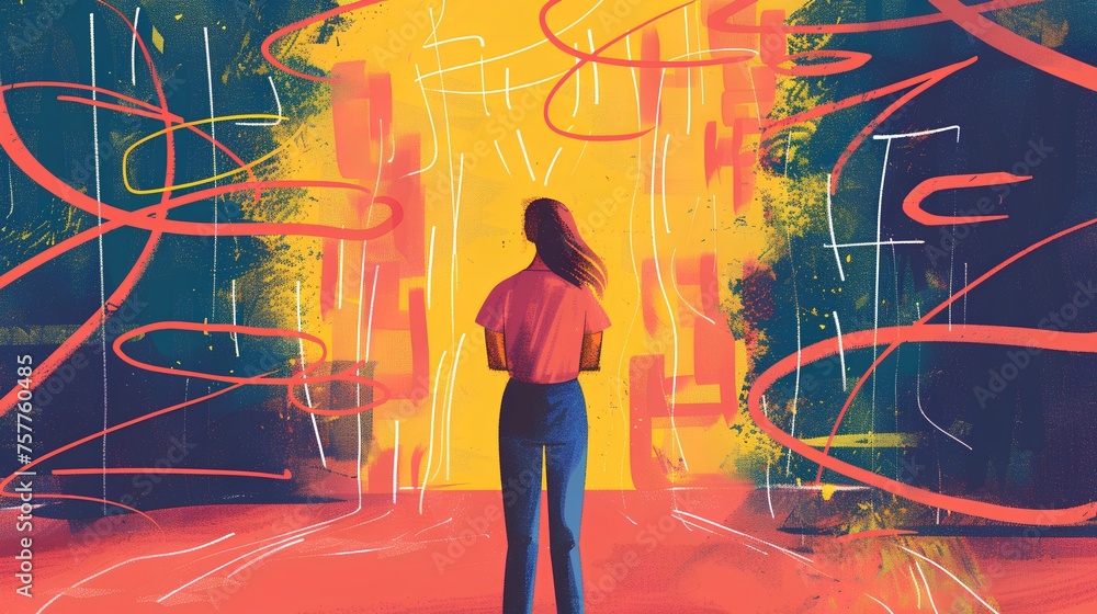 Illustration depicting cognitive dissonance concept with a female ...