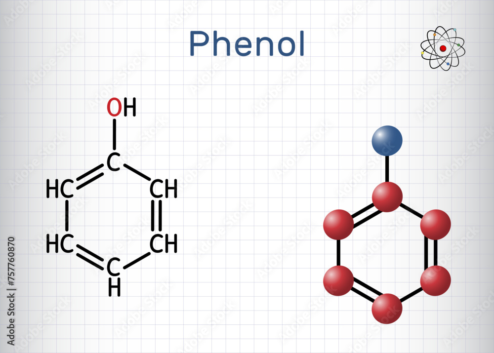 Phenol, carbolic acid molecule. Structural chemical formula, molecule ...