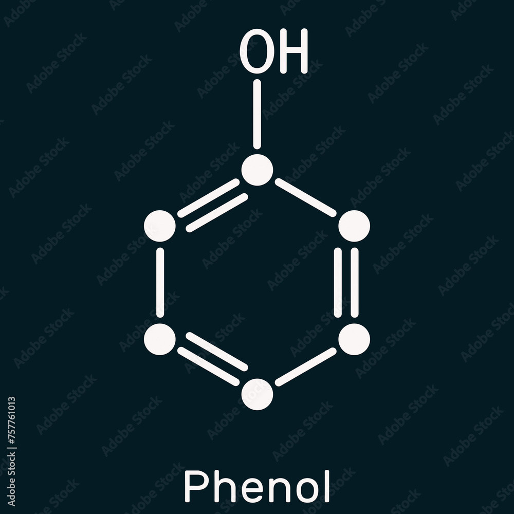 Phenol, carbolic acid molecule. Skeletal chemical formula on the dark ...