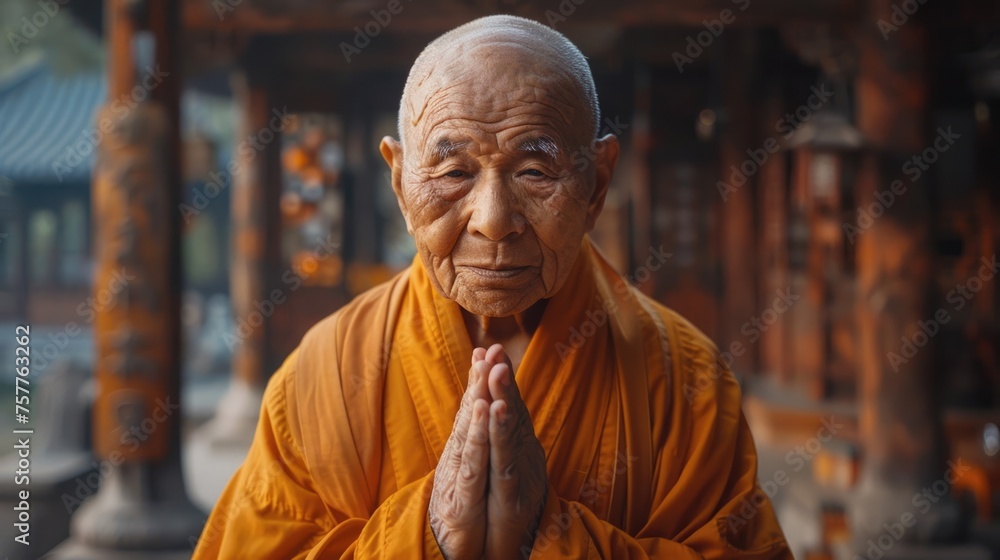 Old Buddhist monk man in orange Kasaya robe. Buddhism religion. Senior ...