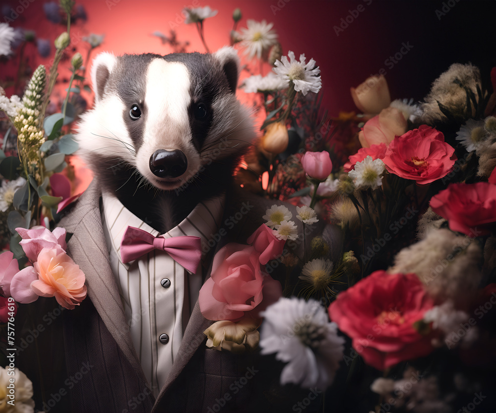 Creative animal concept. Badger in smart suit, surrounded in a surreal ...