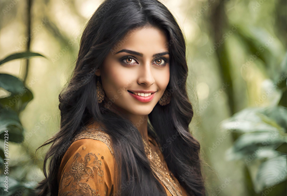 Beautiful Indian Woman in traditional dress enjoying trip to lush green ...