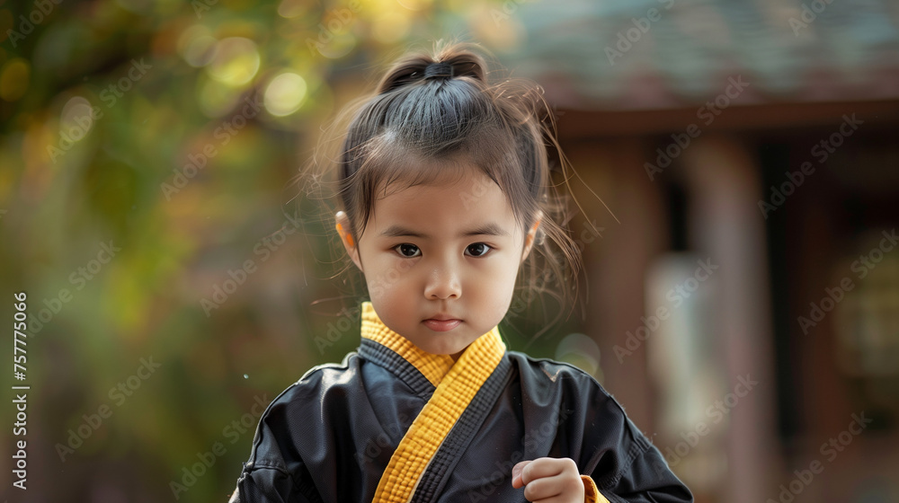 the little girl enthusiastically practices pencak silat in front of her ...