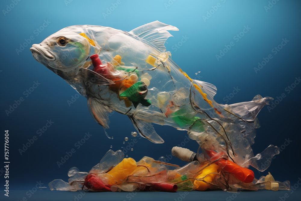 transparent fish with plastic waste inside body and on ground in blue ...