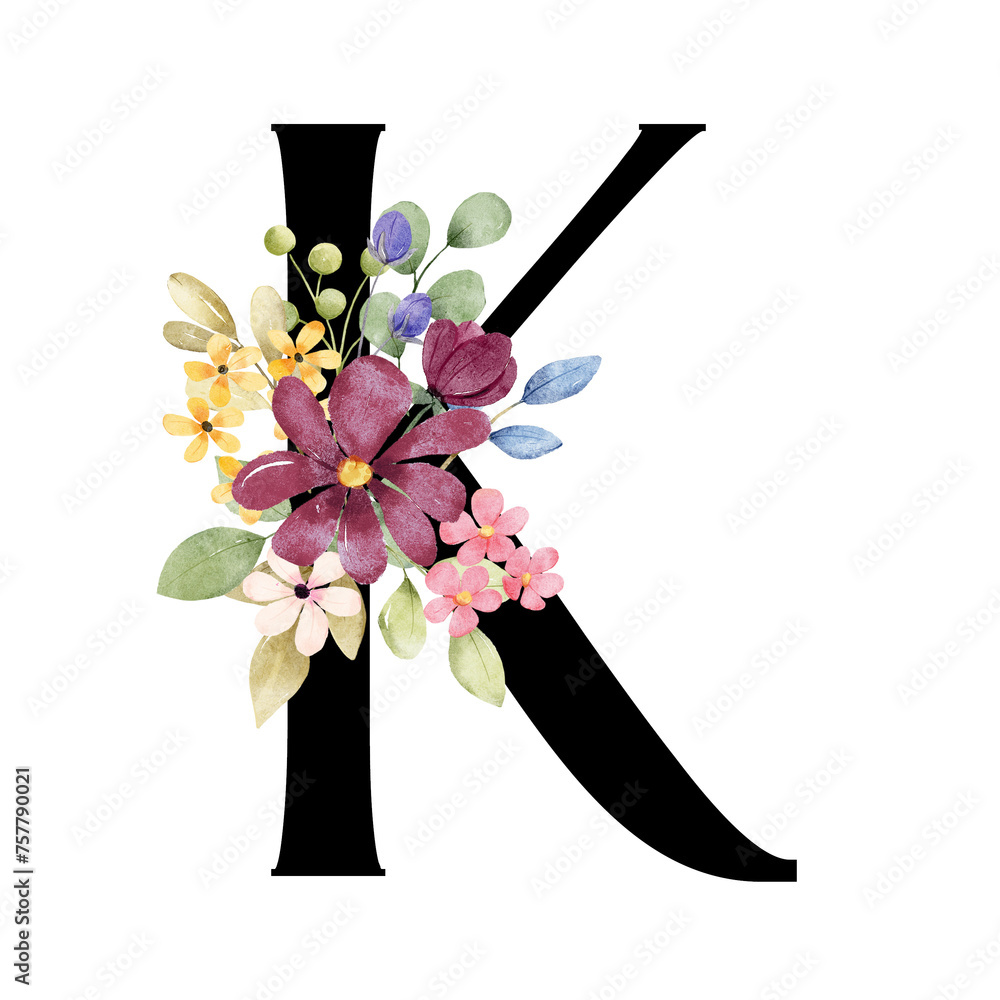 Letter K with watercolor flowers and leaf. Monogram initial, letterhead ...
