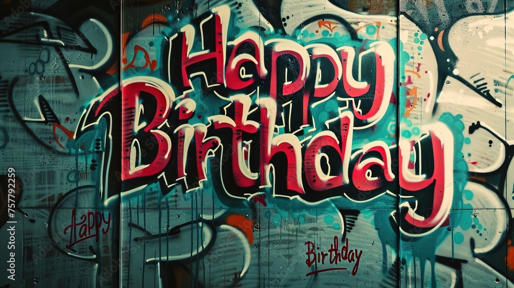 "Happy Birthday" written in bold, graffiti-style lettering against an ...