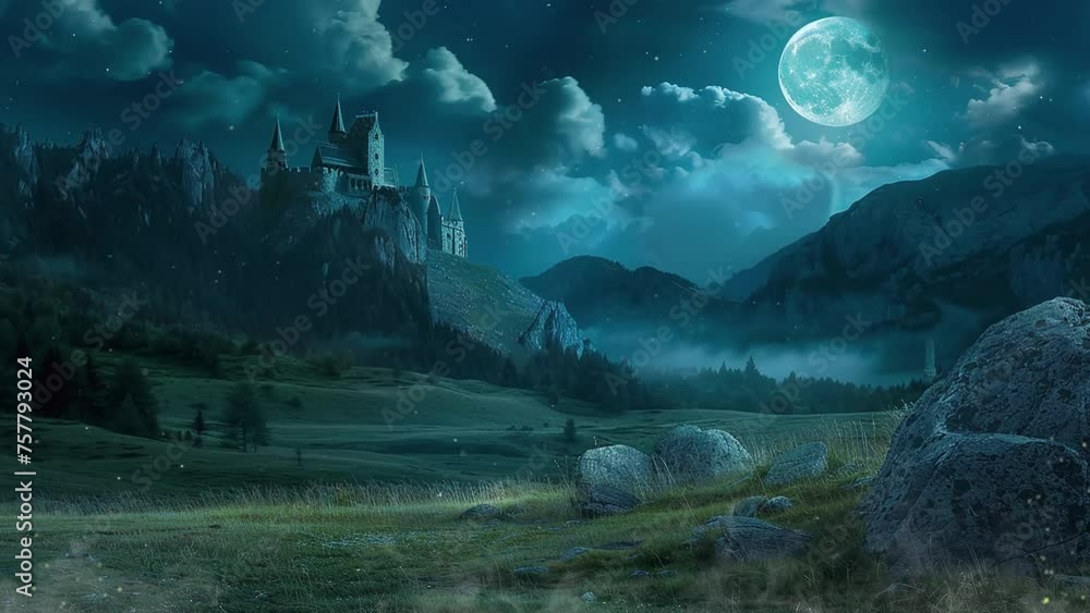 fantasy background with anime cartoon style illustration. castle on the ...